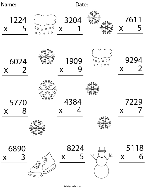 Winter Multiplication Practice 4 Digit by 1 Digit Math Worksheet Twisty Noodle